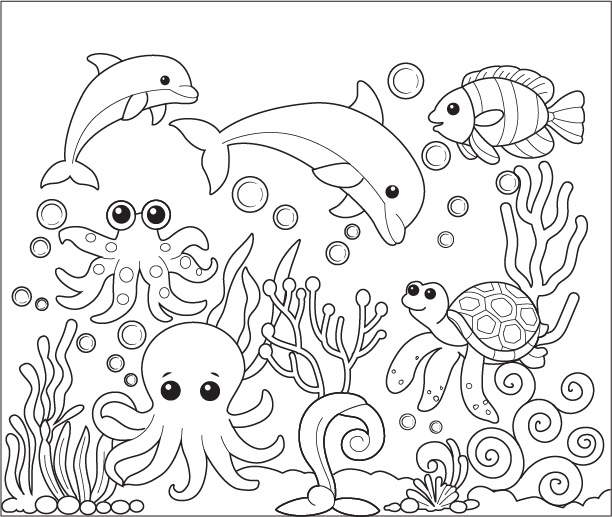 Ocean Life Coloring Page – Fun Underwater Activity for Kids
