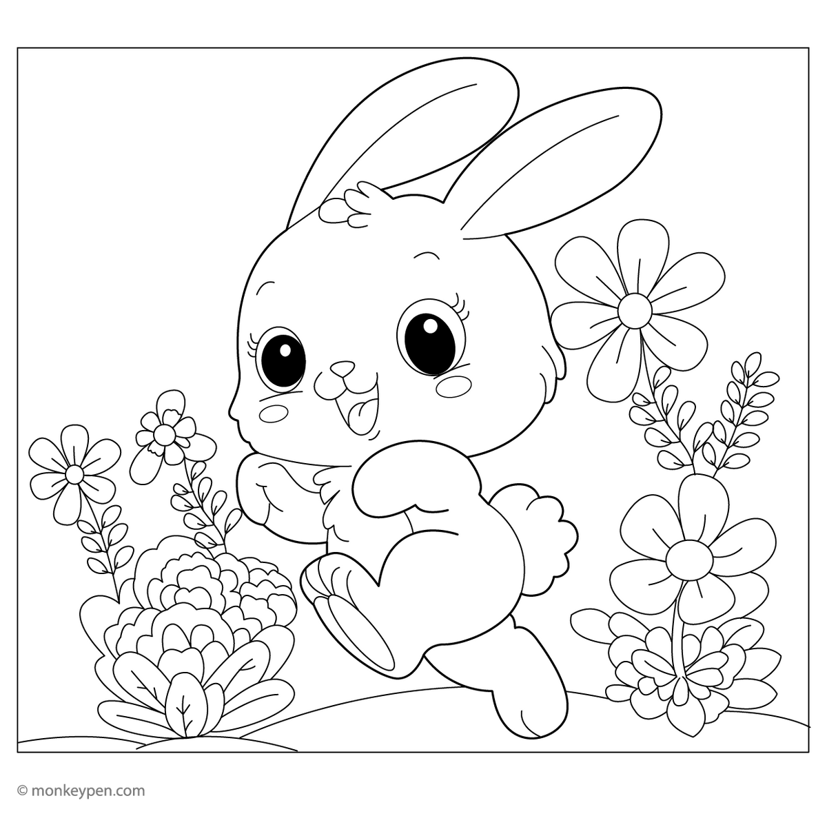 Rabbit In Flower Garden Coloring Page