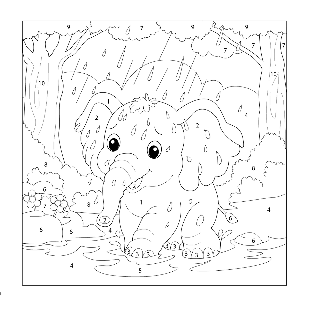 Elephant in the Rain Color by Number – Easy Printable