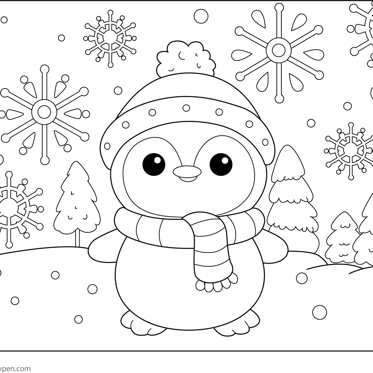 Penguin And Snowflakes Coloring Page