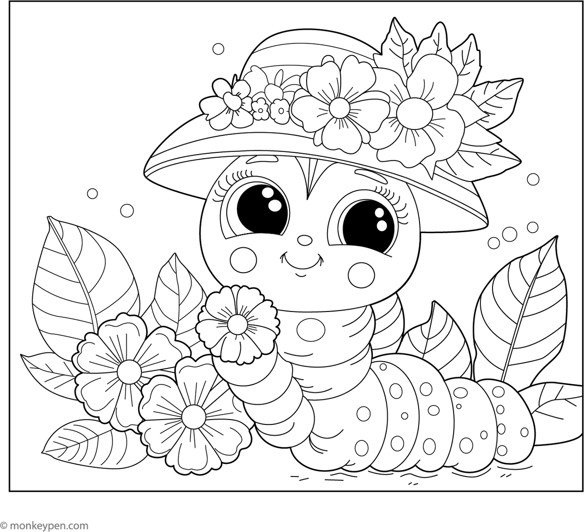 Caterpillar with a Flower Hat Coloring Page – Free PDF