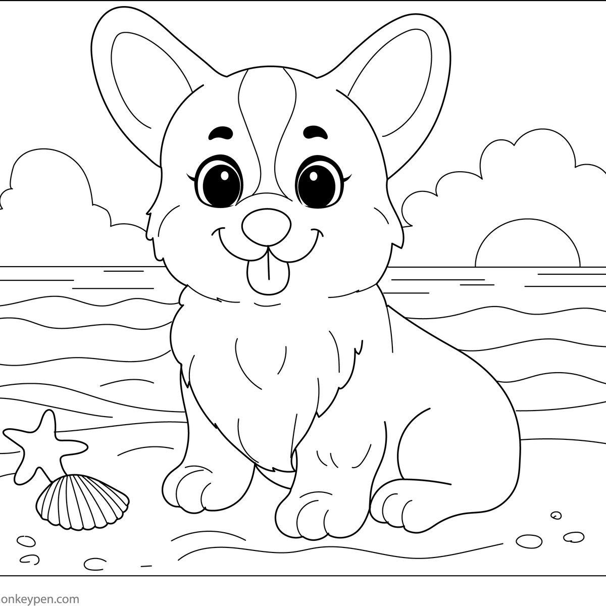 Corgi at a Beach Coloring Page – Free Printable PDF