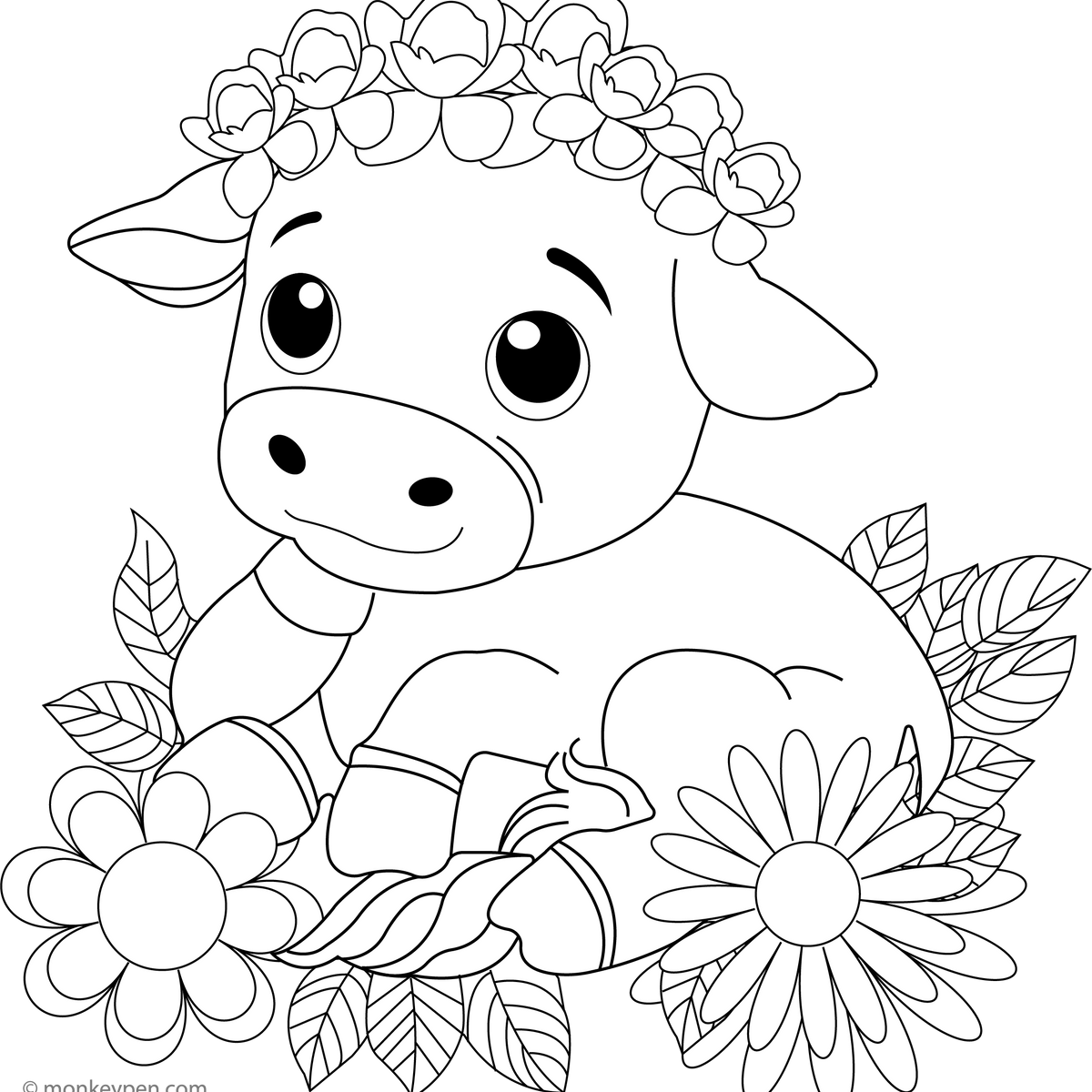 Cow in a Flower Crown Coloring Page – Fun Printable for Kids
