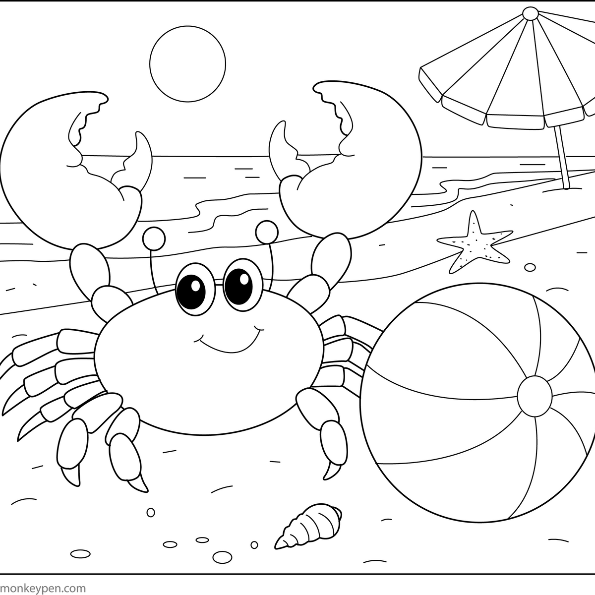 Crab with a Beach Ball – Fun Summer Coloring Page for Kids