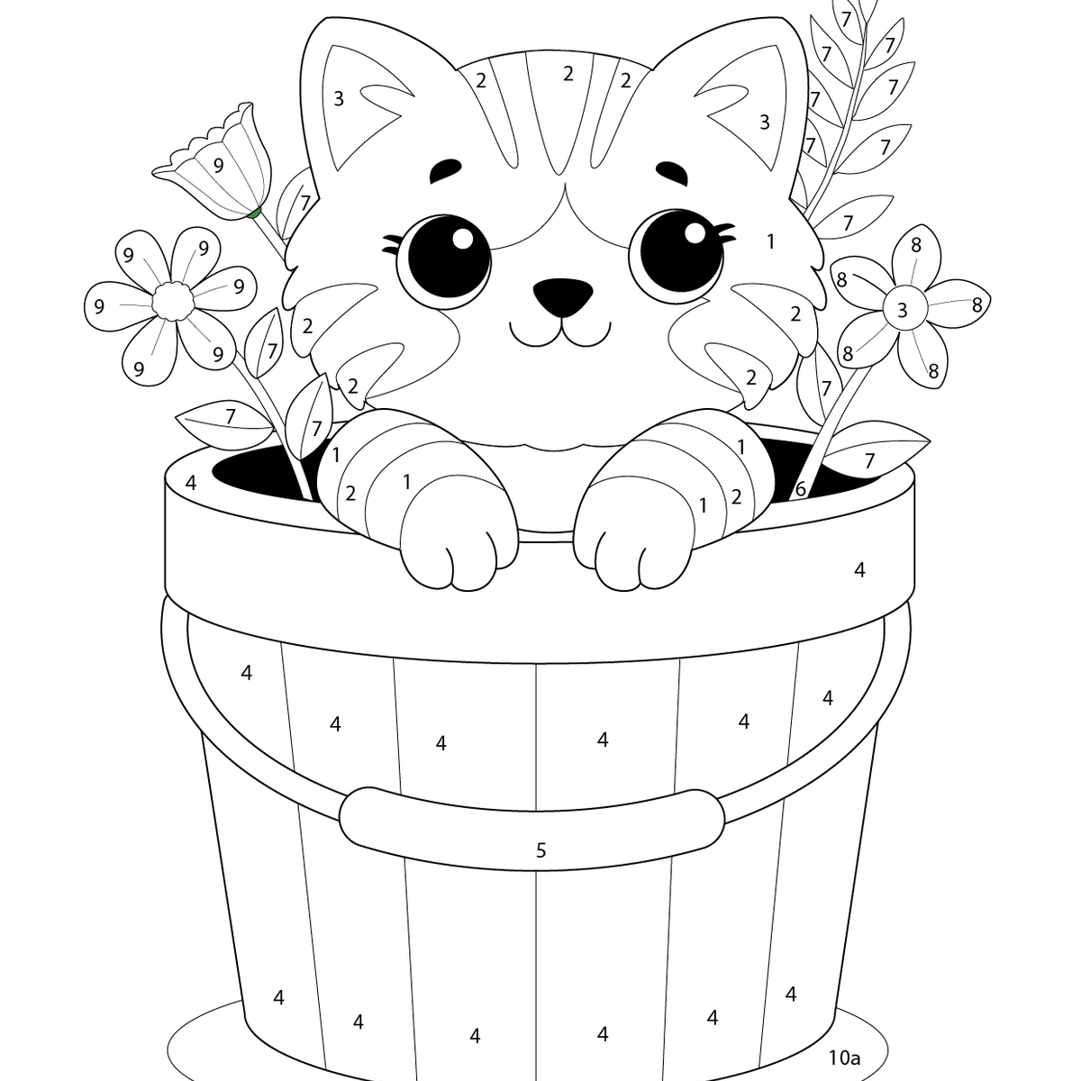 Kitten in the Flower Pot - Color by Number Printable Pages
