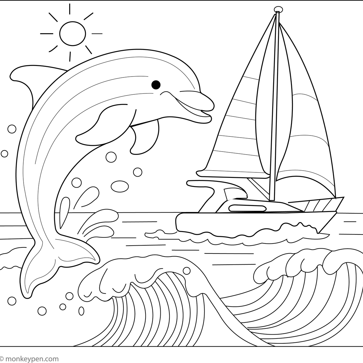 Dolphin and Sailboat Coloring Page – Free Printable PDF