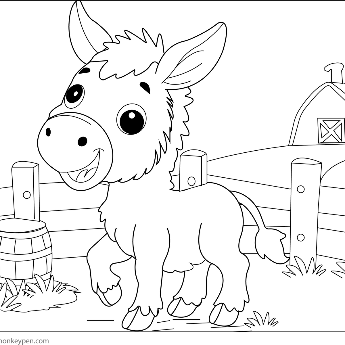 Free Printable Happy Donkey in Farmyard Coloring Page