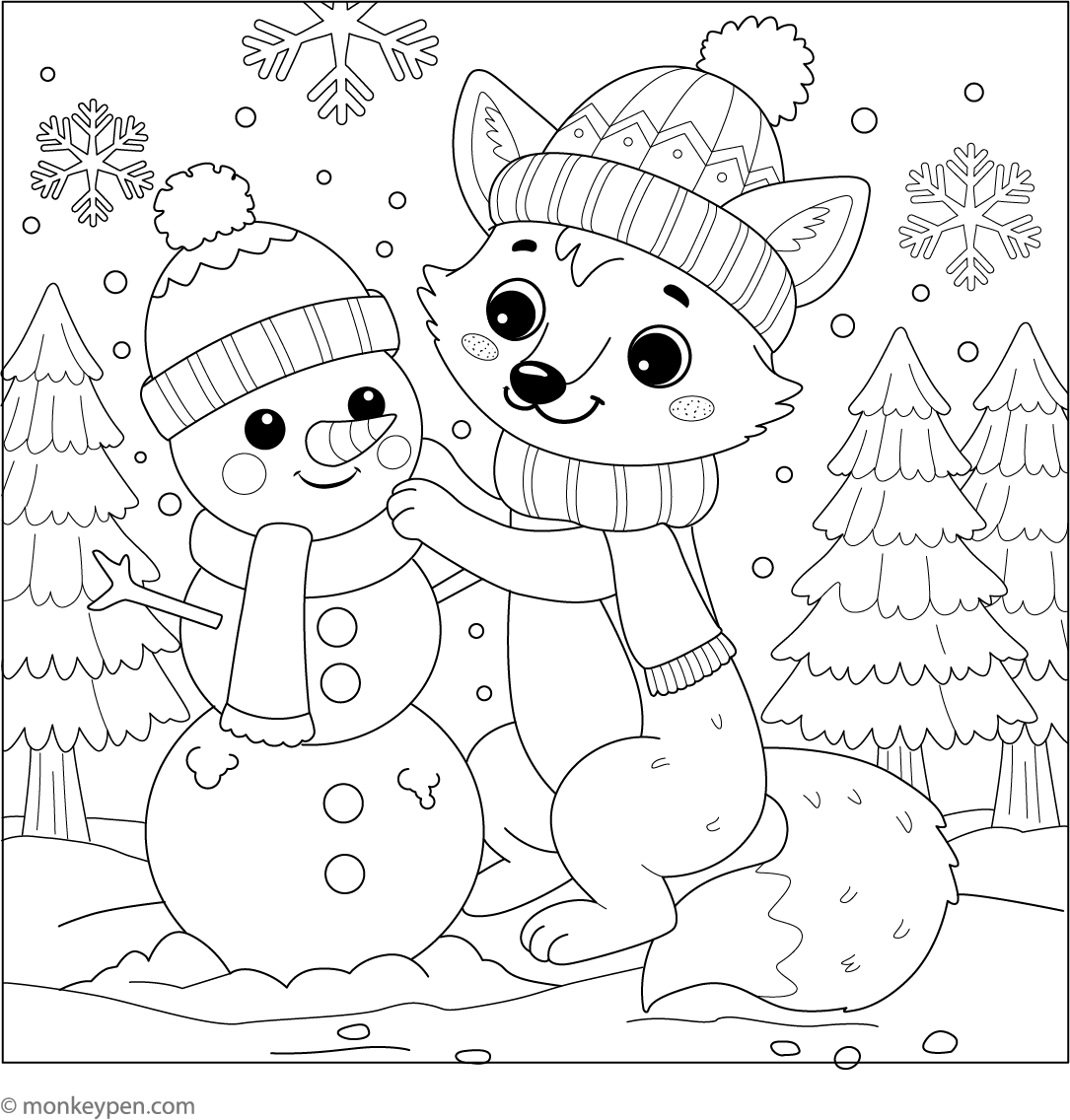 Fox and Snowman Coloring Page – Free Printable PDF for Kids