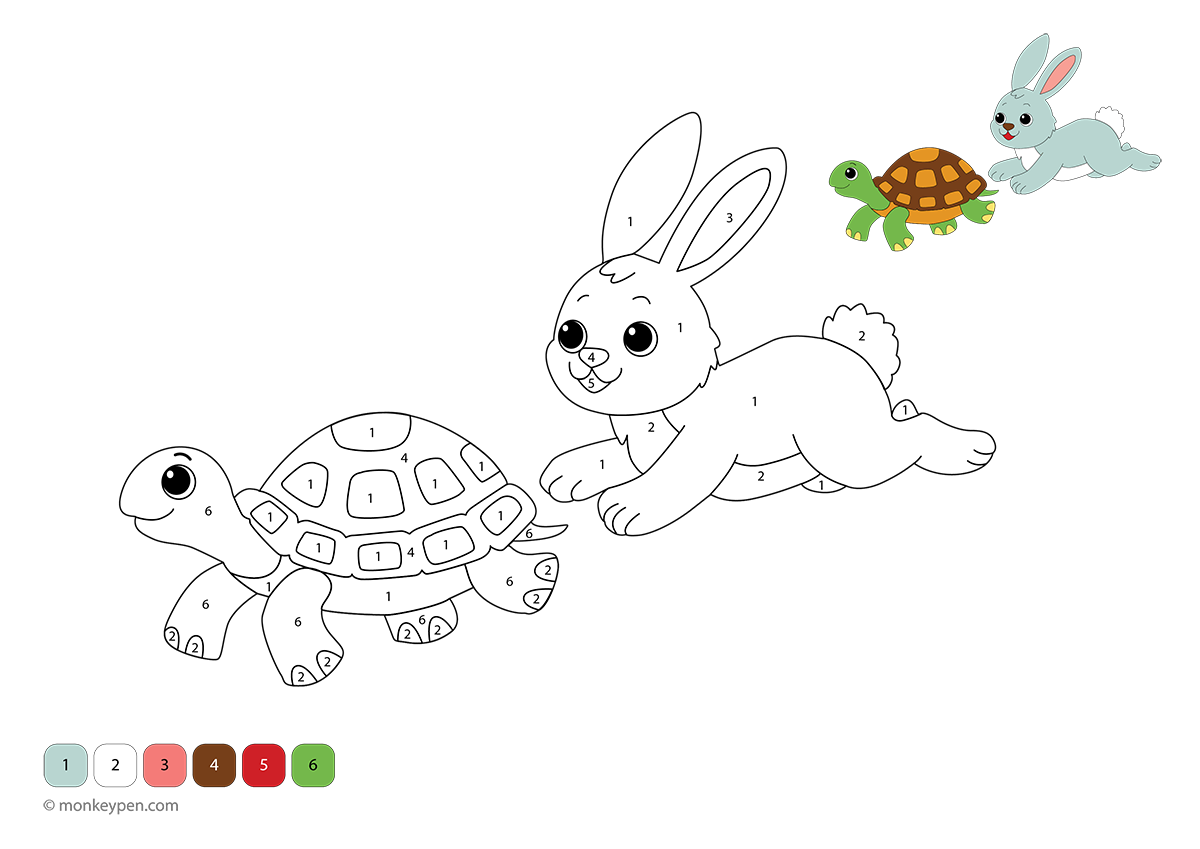 Rabbit and Tortoise Color by Number – Coloring Pages
