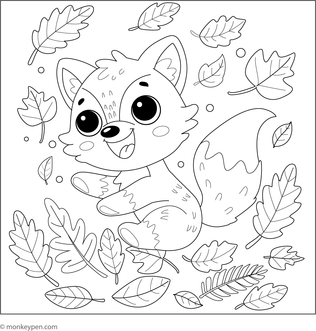 Fox and Autumn Leaves Coloring Page – Fall Activity for Kids