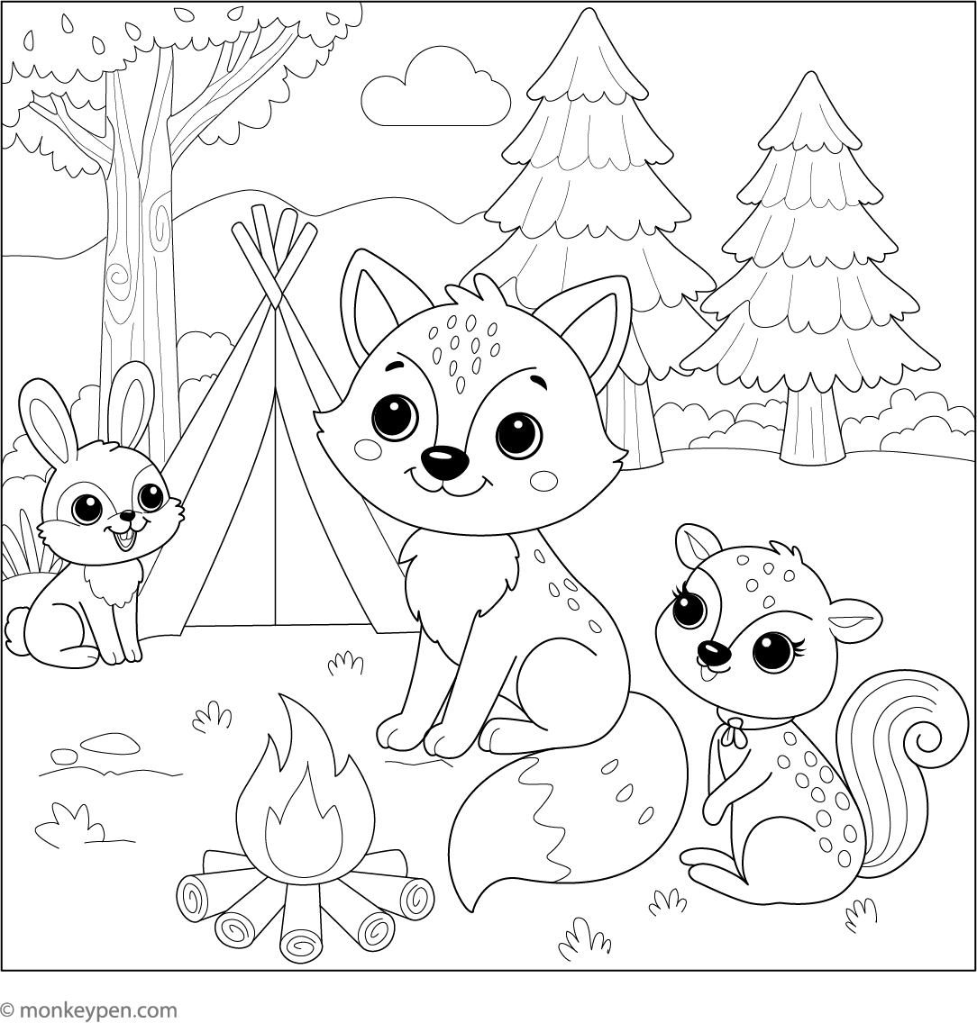 Fox with Forest Friends – Free Printable Coloring Page