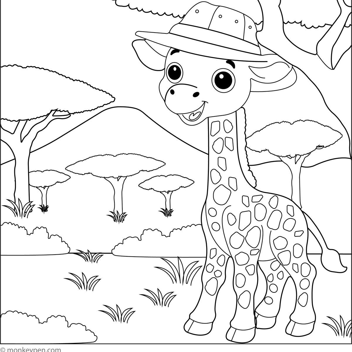 Giraffe in Safari Hat Coloring Sheet – Free PDF for Kids