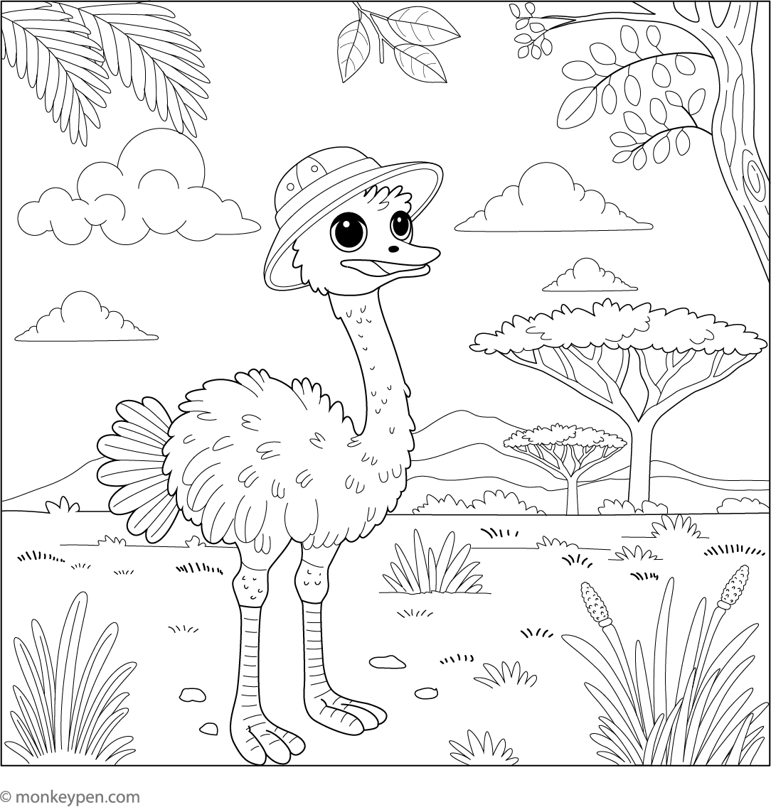 Printable Ostrich in Safari Hat Coloring Page for Kids