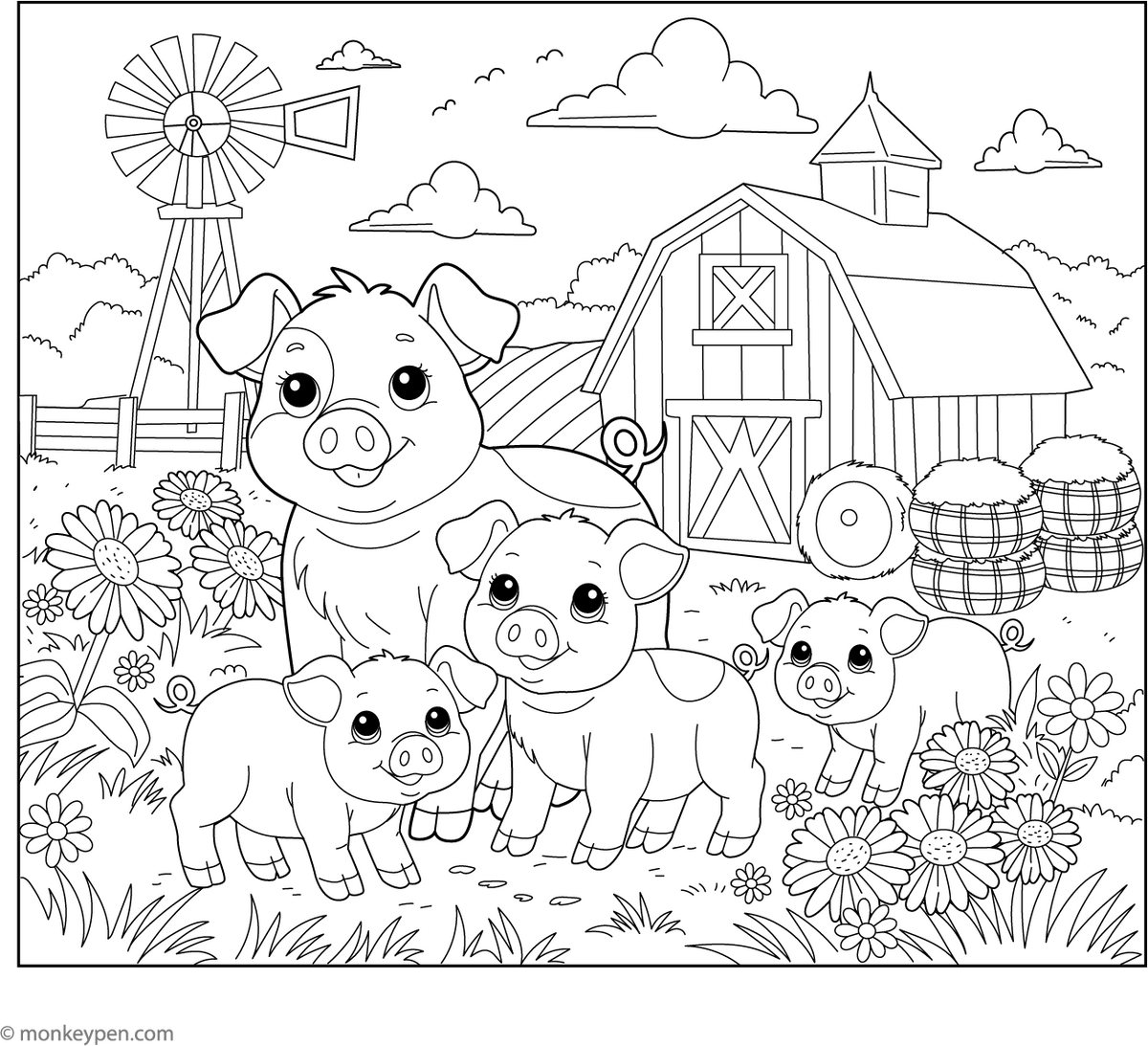 Pig Family on a Farm – Free Printable Coloring Page
