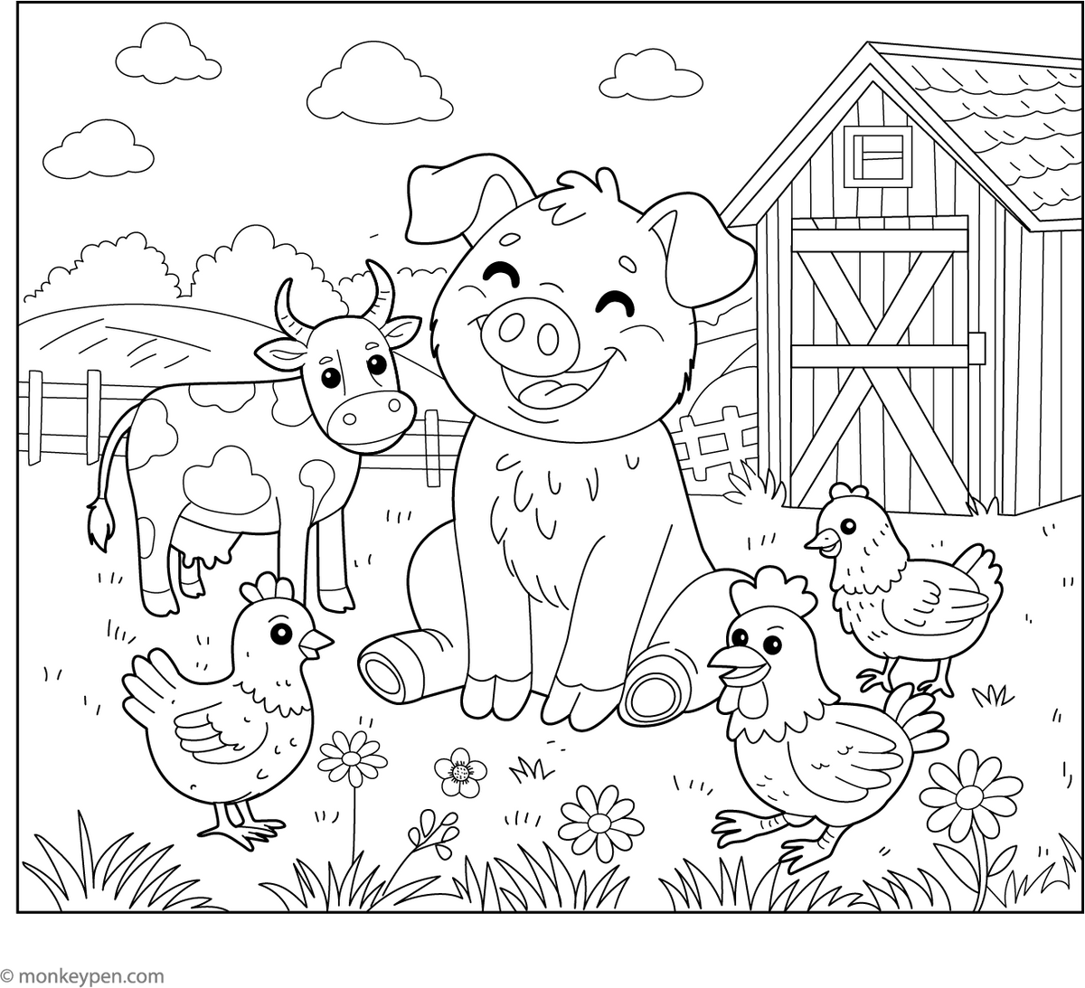 Free Printable Pig with Farm Friends Coloring Page
