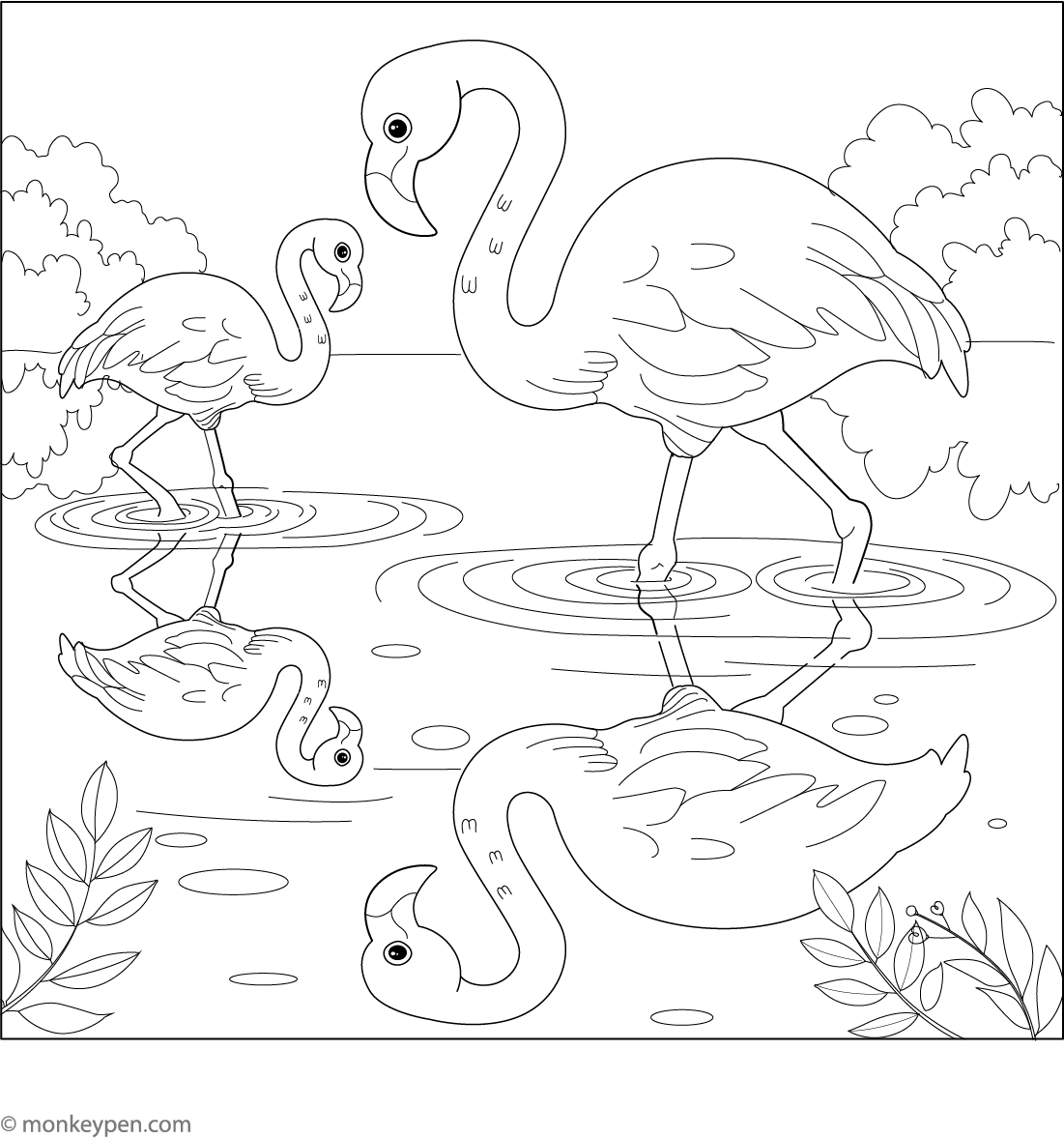 Flamingo And Its Reflection Coloring Page