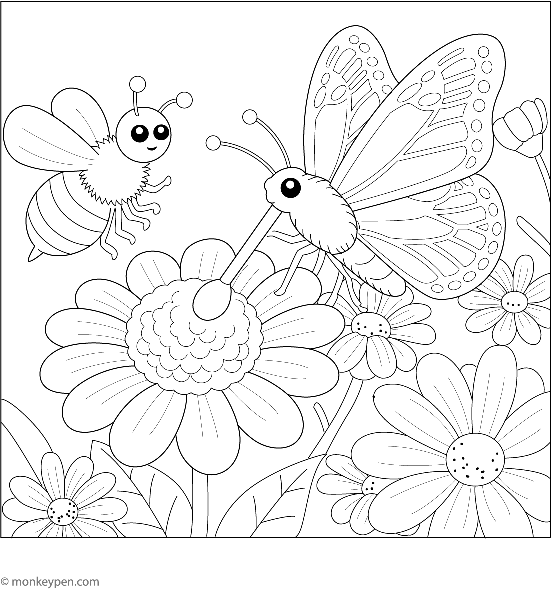Butterfly And Honeybee Coloring Page