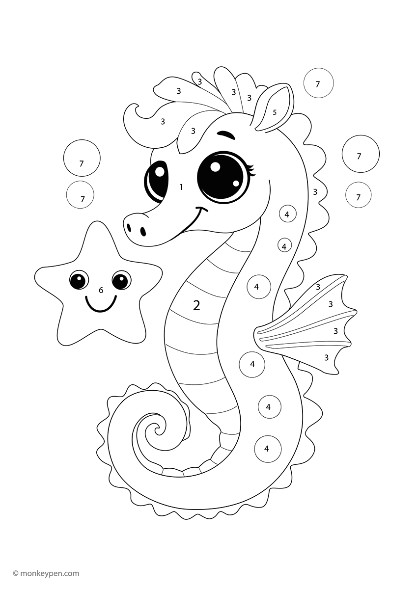 Free Seahorse and Starfish Color by Number PDF