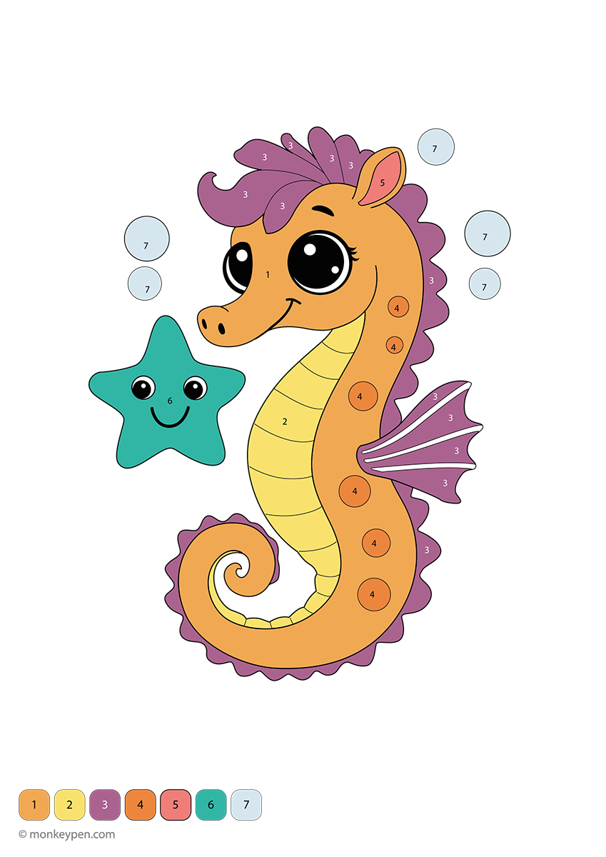 Seahorse & Starfish Color by Number – Free Ocean-Themed Pages for Kids