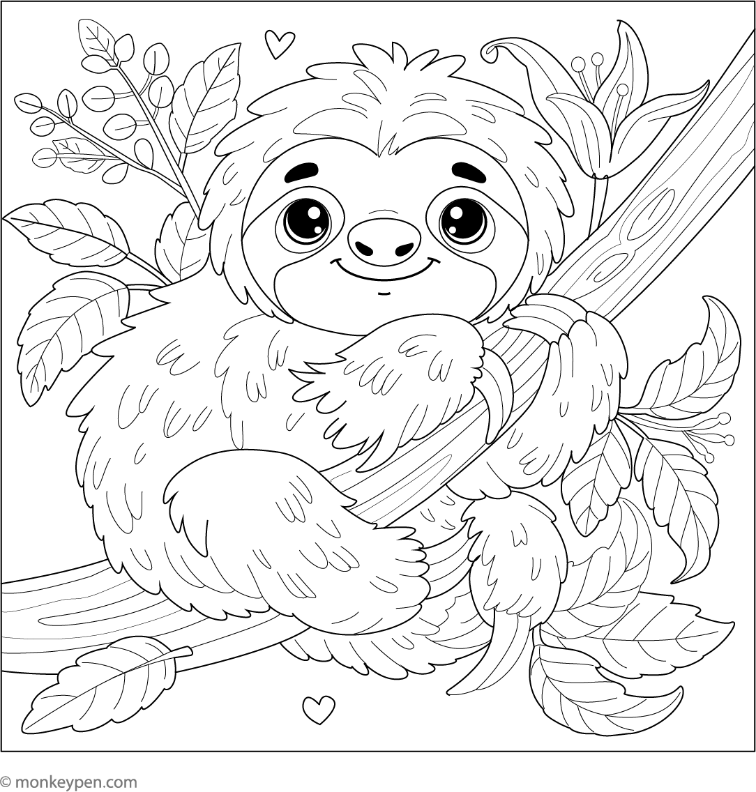 Cute Sloth Coloring Page – Free Printable for Kids