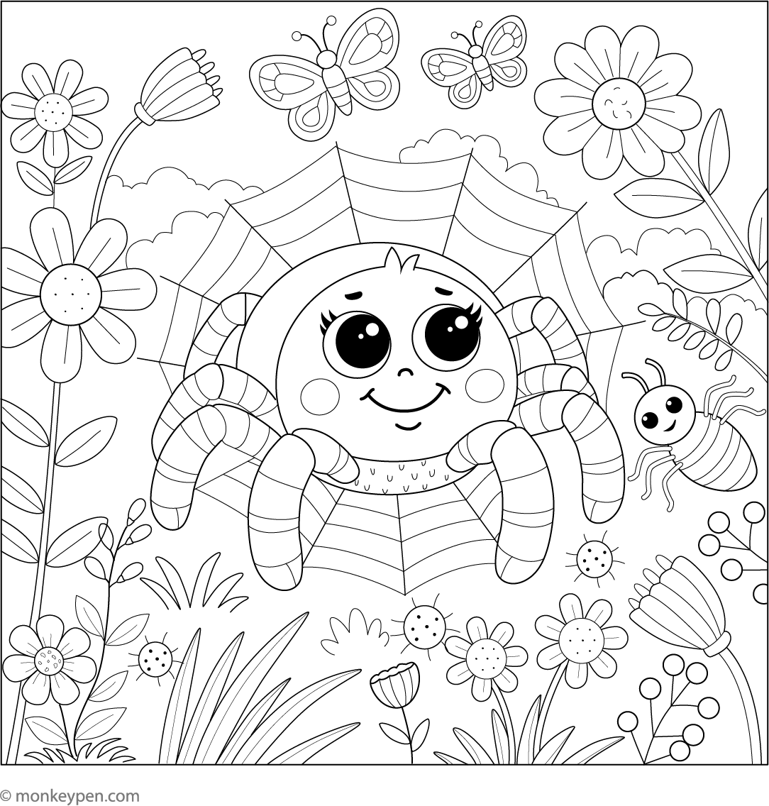 Printable Spider in the Garden Coloring Sheet – Free PDF