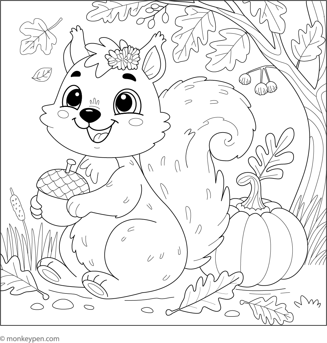 Free Printable Autumn Squirrel Coloring Page for Kids