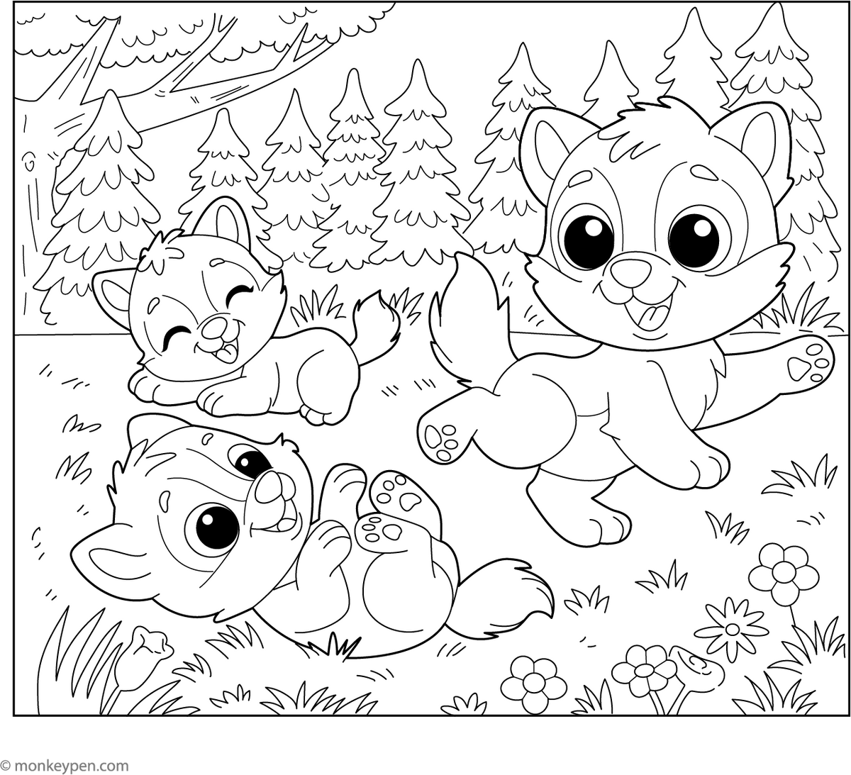 Playful Wolf Cubs Coloring Page – Free PDF for Kids