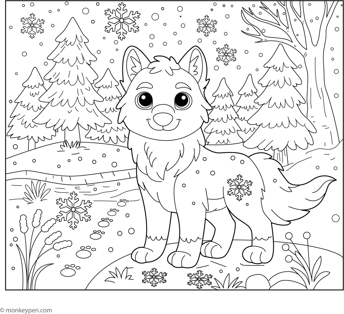 Winter Wolf Coloring Page – Fun Winter Animal Activity Sheet