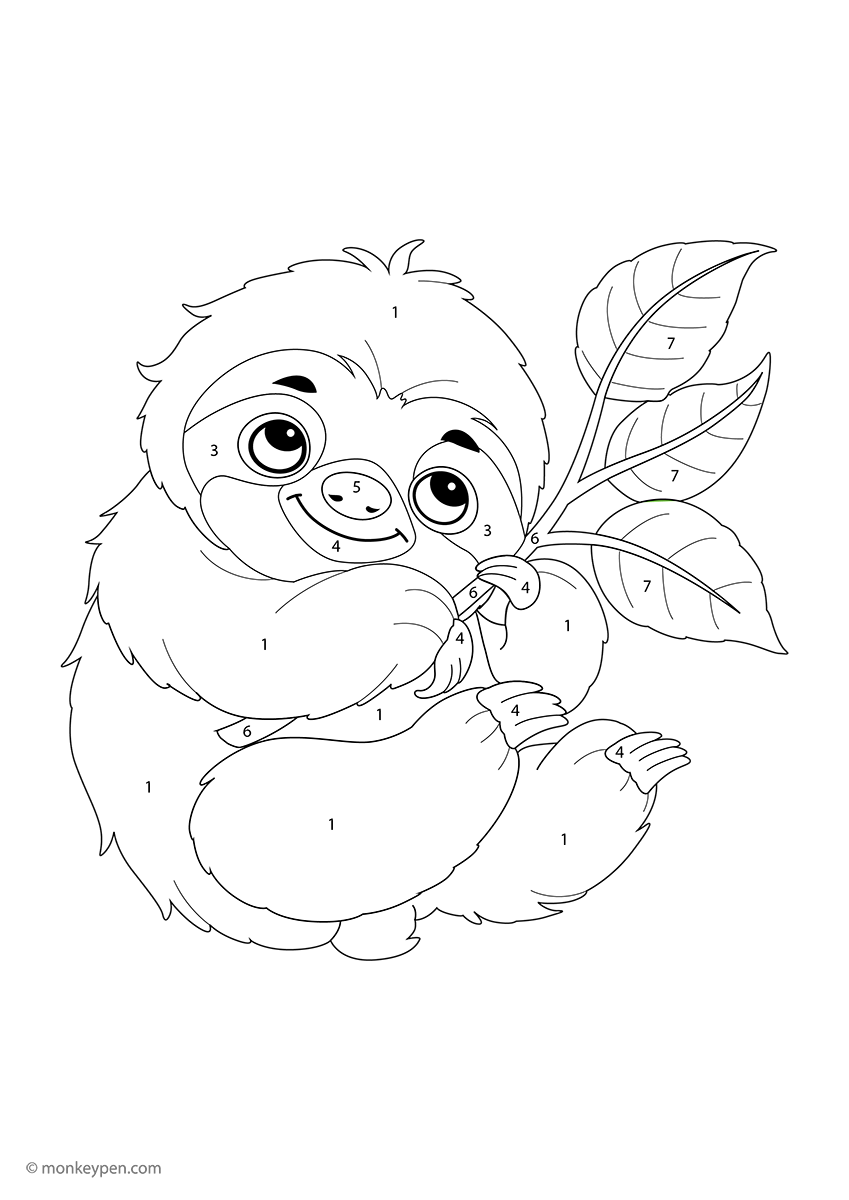 Sloth Color by Number – Free Printable Coloring Pages