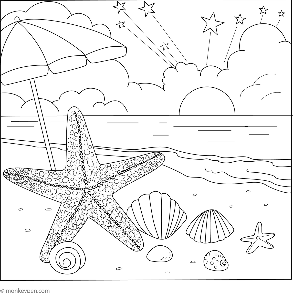 Starfish on the Beach – Free Coloring Page for Kids