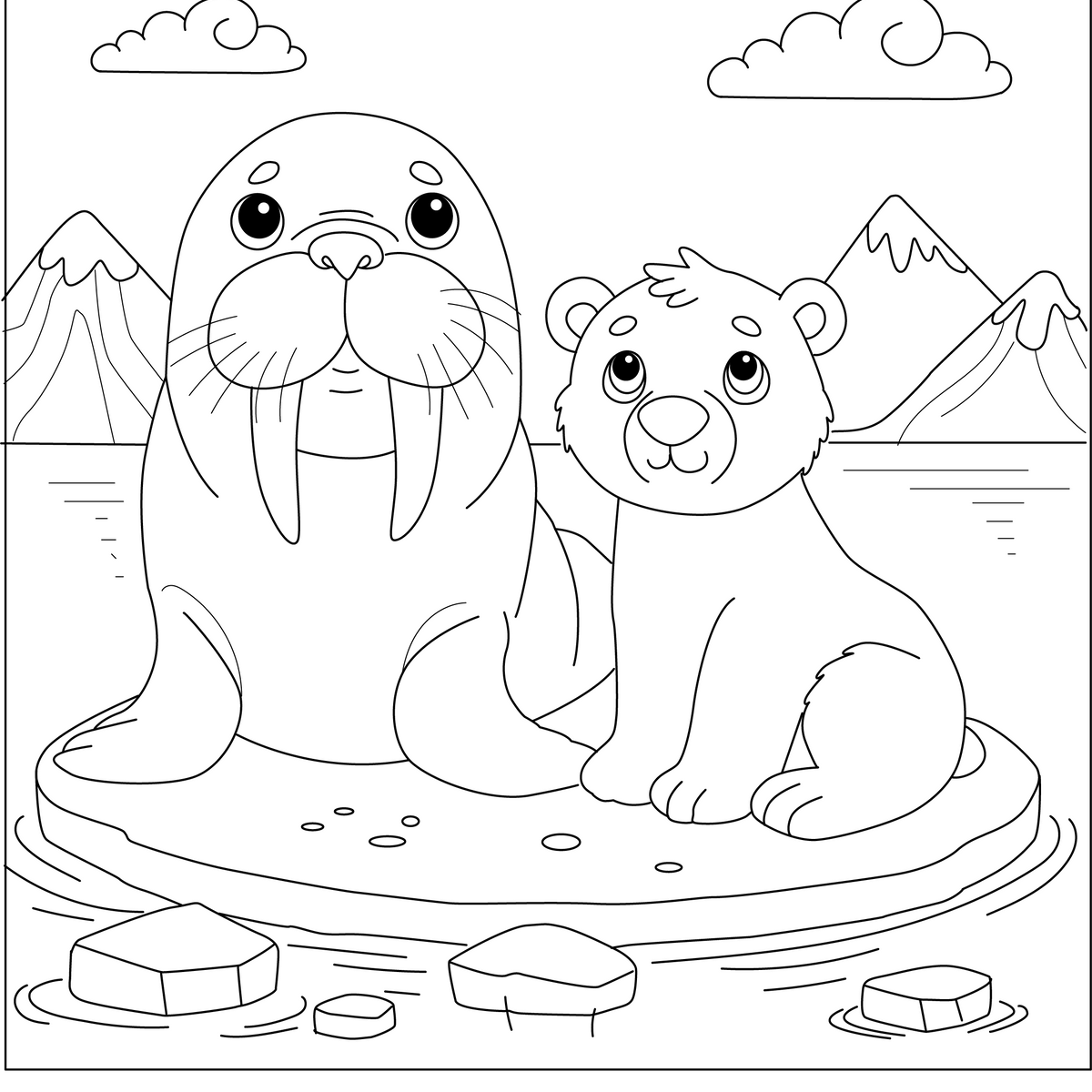 Walrus with Polar Bear Coloring Page – PDF for Kids