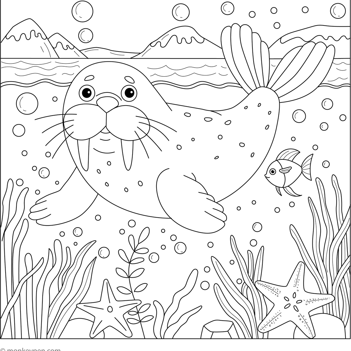 Walrus Underwater Adventure Coloring Page – Free PDF for Kid
