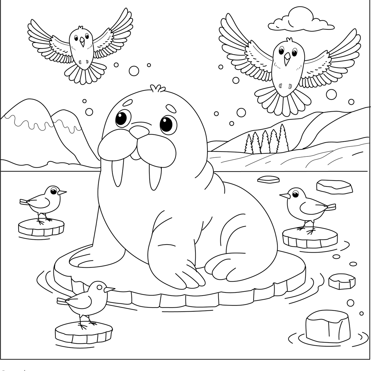 Walrus and Arctic Birds Coloring Page PDF for Kids