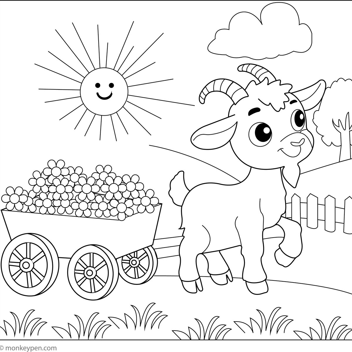 Goat and a Cart of Flowers Coloring Page – Fun for Kids