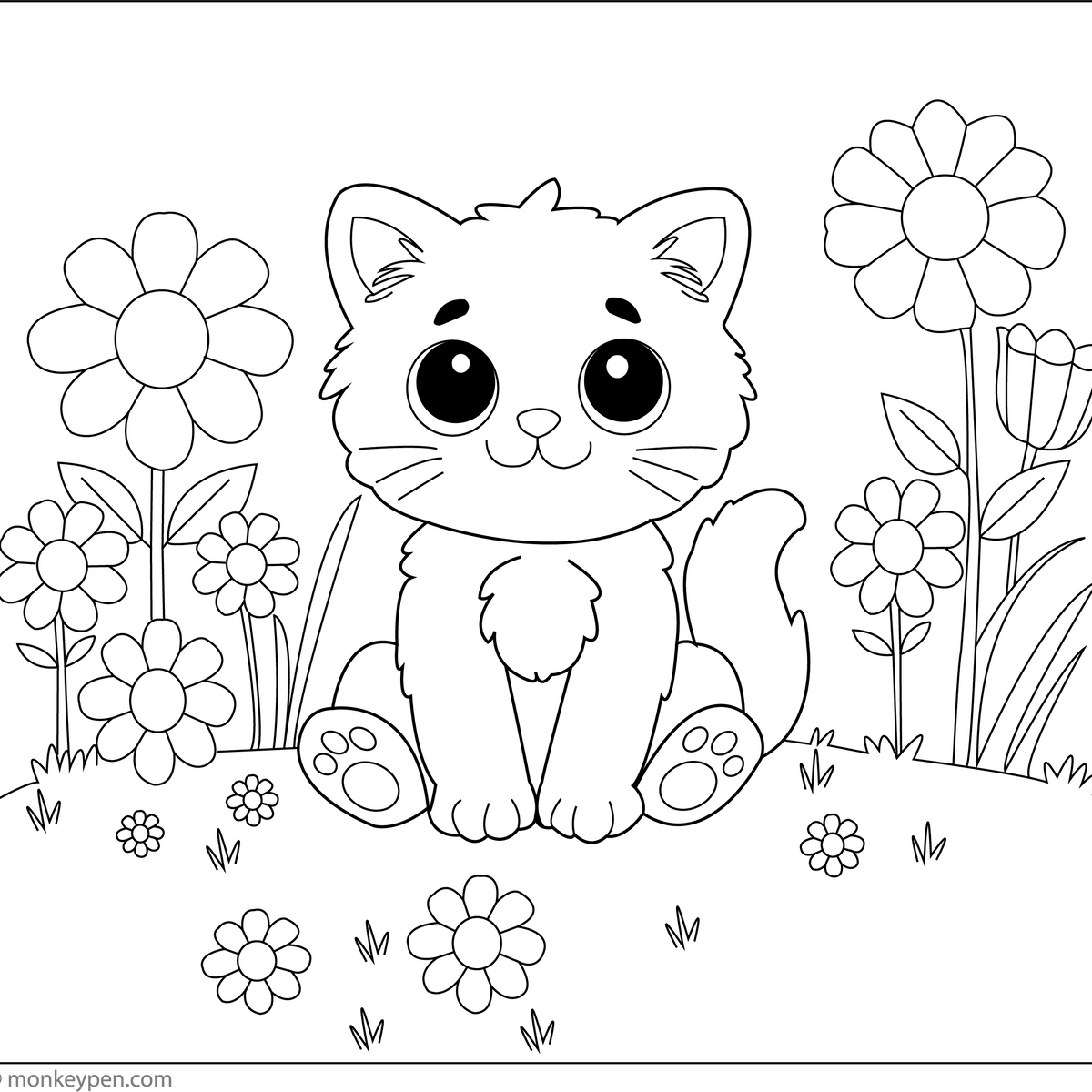 Kitten in Flower Garden | Free Coloring Pages for Kids