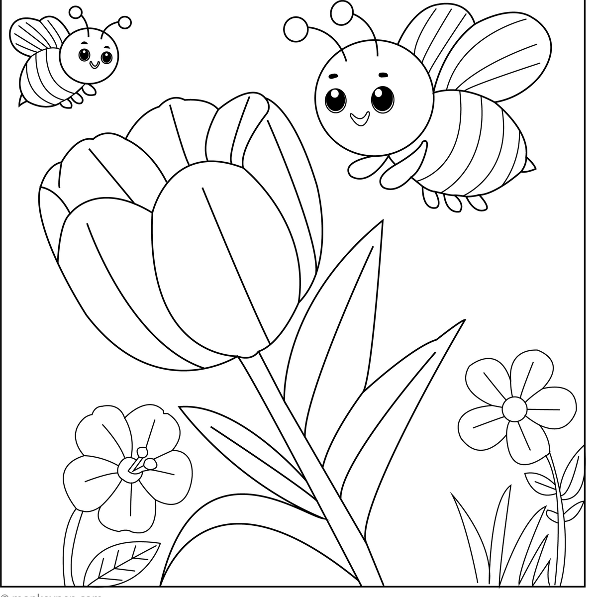 Tulips and Buzzing Bee | Free Coloring Pages