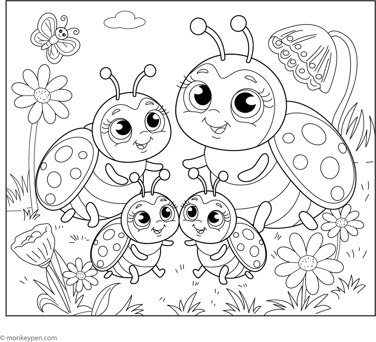 Family of Ladybugs - Printable Coloring Page PDF