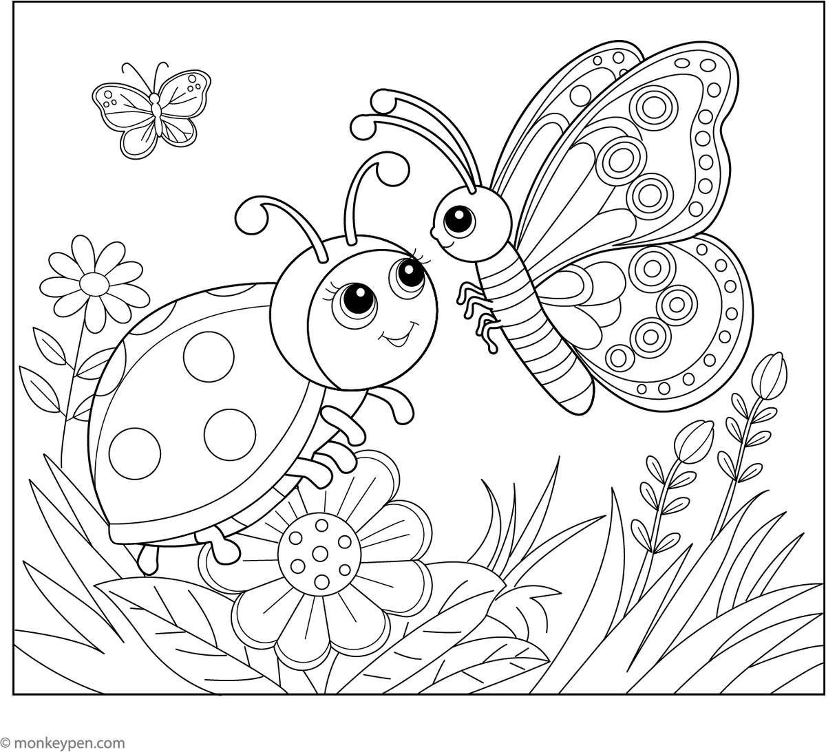 Ladybug with Butterfly | Free Coloring Page Printable PDF