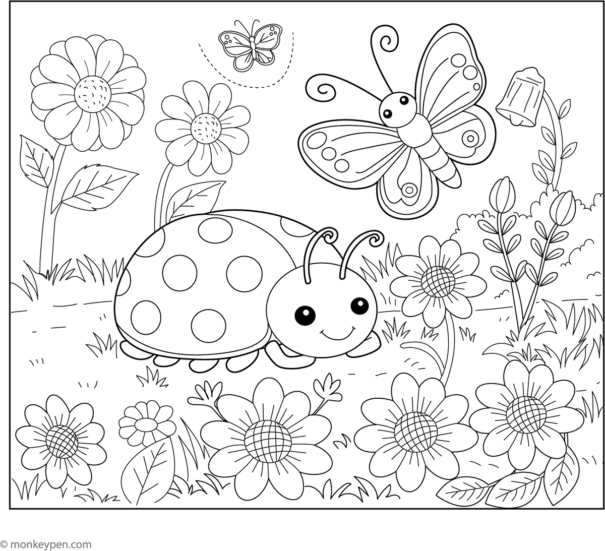 Ladybug in a Garden | Free Printable Coloring Page PDF