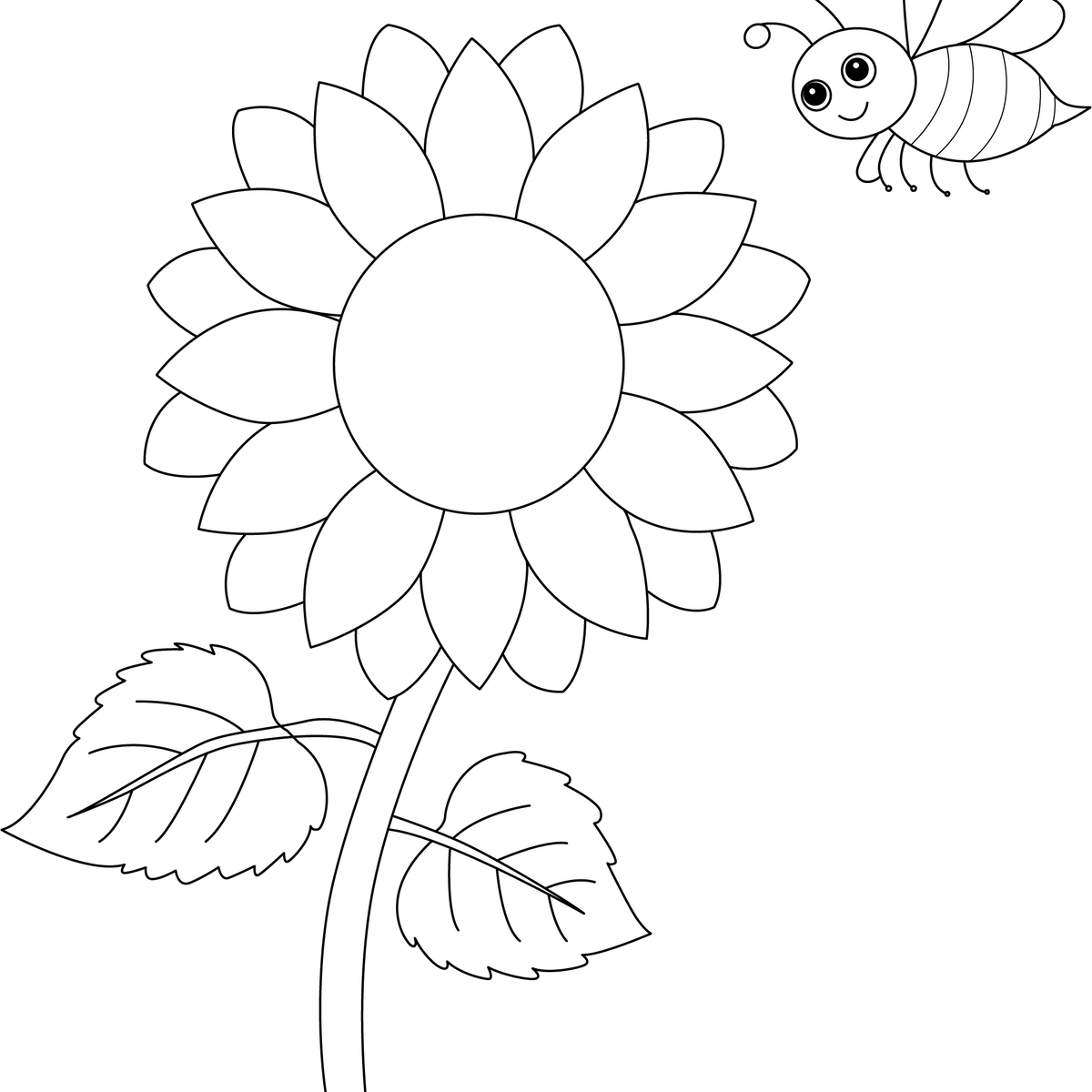 Sunflower and Buzzing Bees | Free Coloring Page