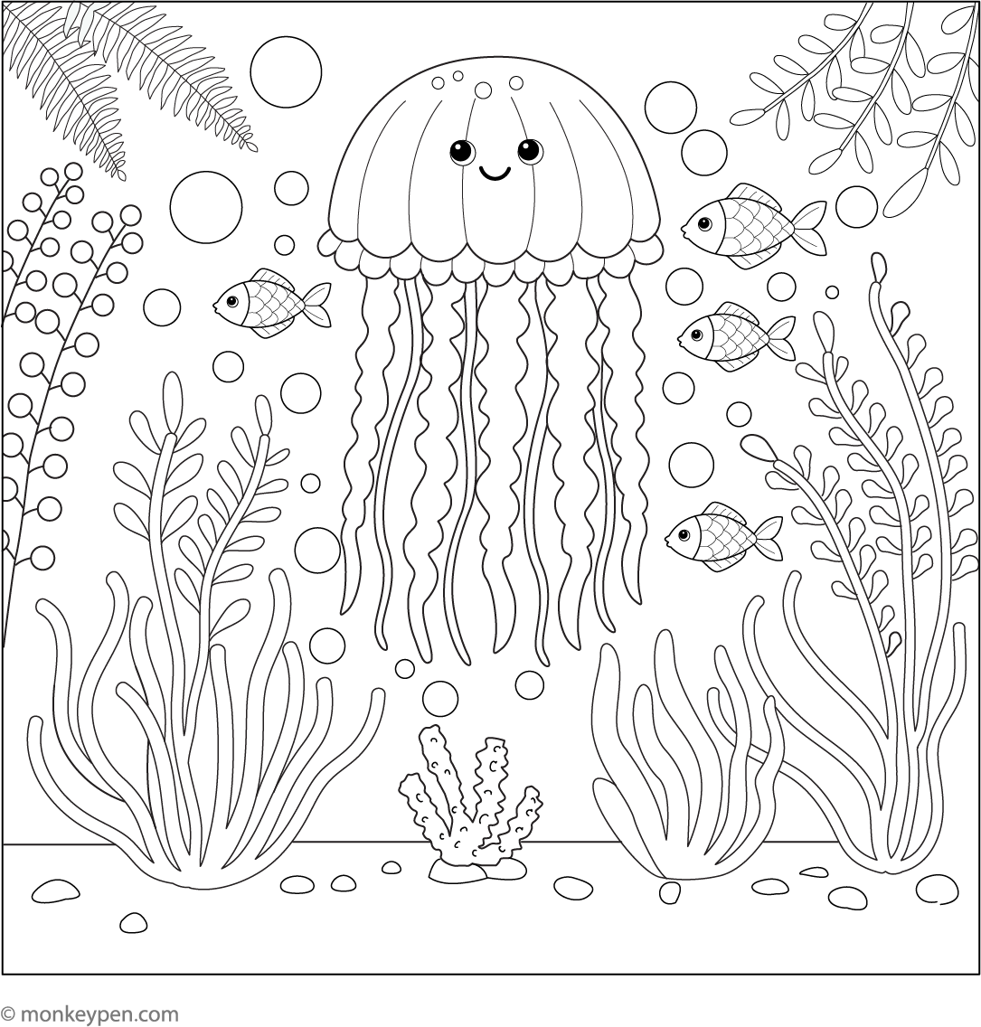 Jellyfish in a Kelp Forest | Free Coloring Page