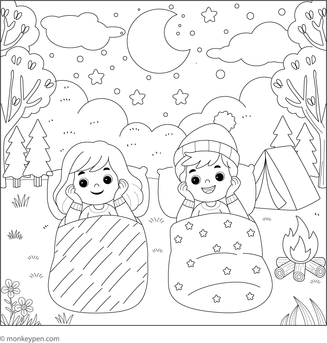 Kids Sleeping Under Stars in Camping | Free Coloring Page PDF