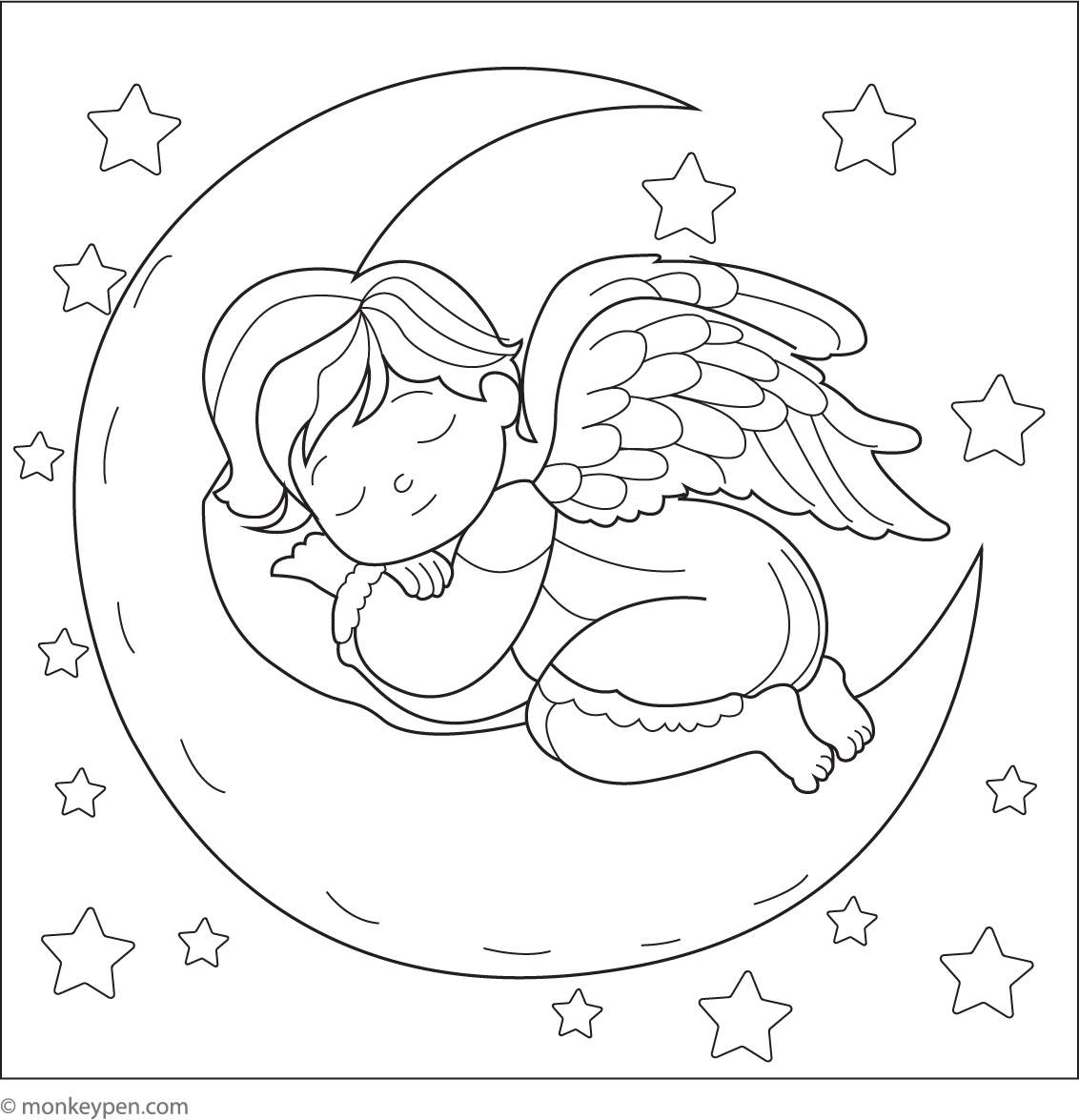 Sleeping Angel on a Crescent Moon | Free Coloring Page PDF