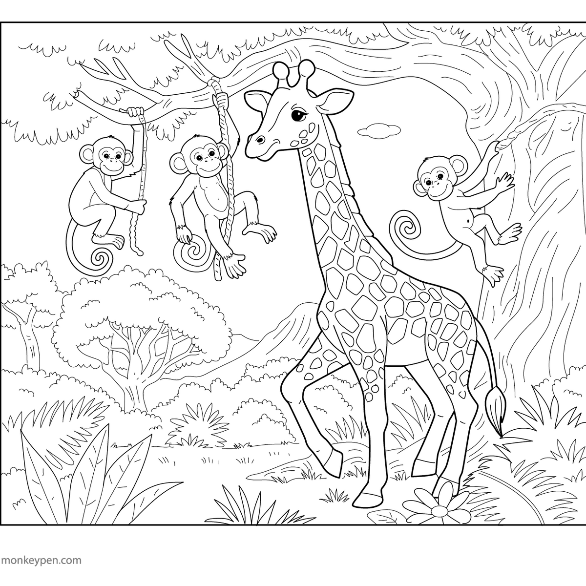 Giraffe and a Group of Monkeys | Fun Jungle Coloring Printable