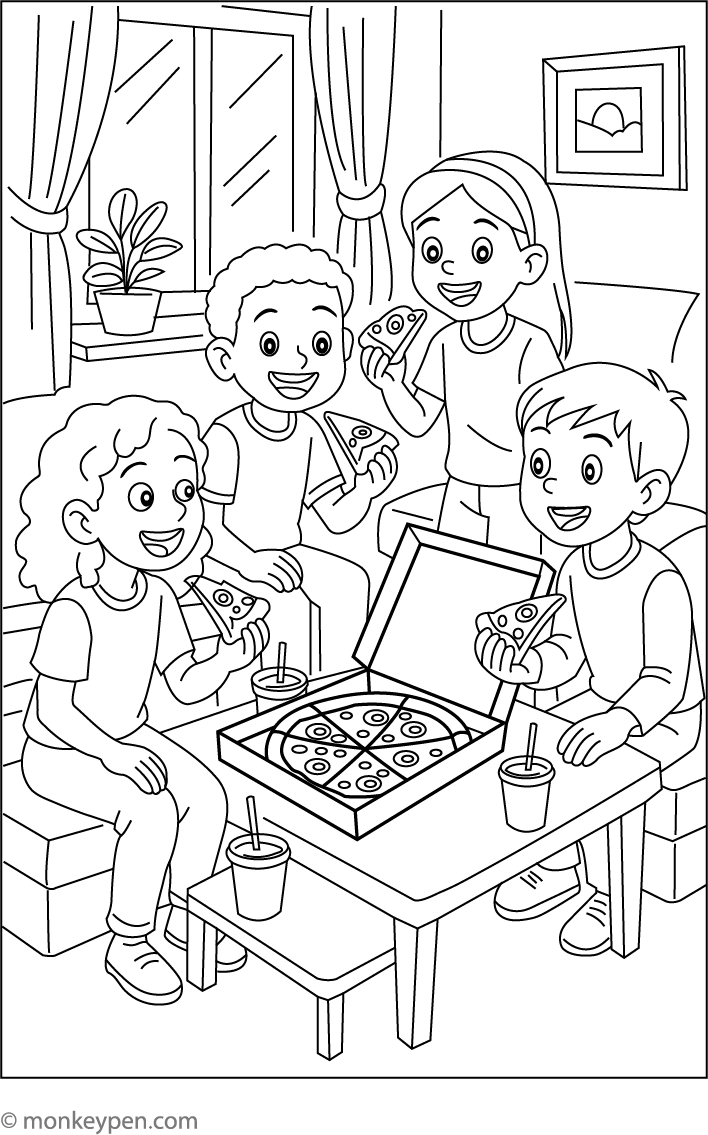 Pizza Gathering with Friends - Printable Coloring Page PDF