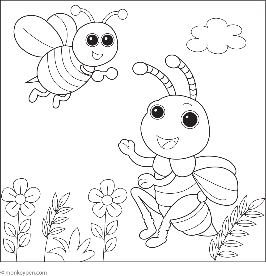 Bumblebee and the Waving Grasshopper | Free Coloring Page