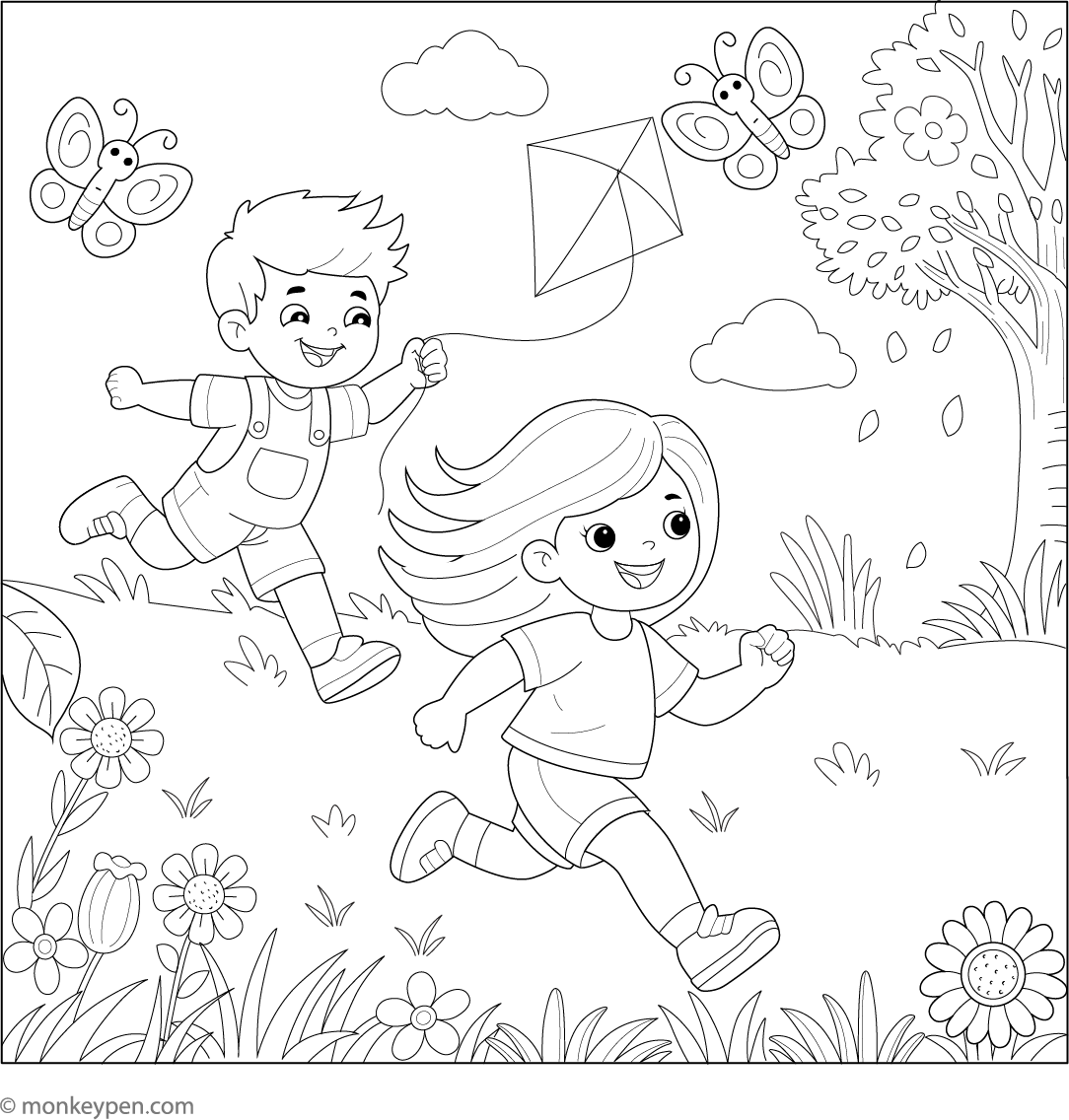 Kids Playing in the Garden | Free Coloring Page