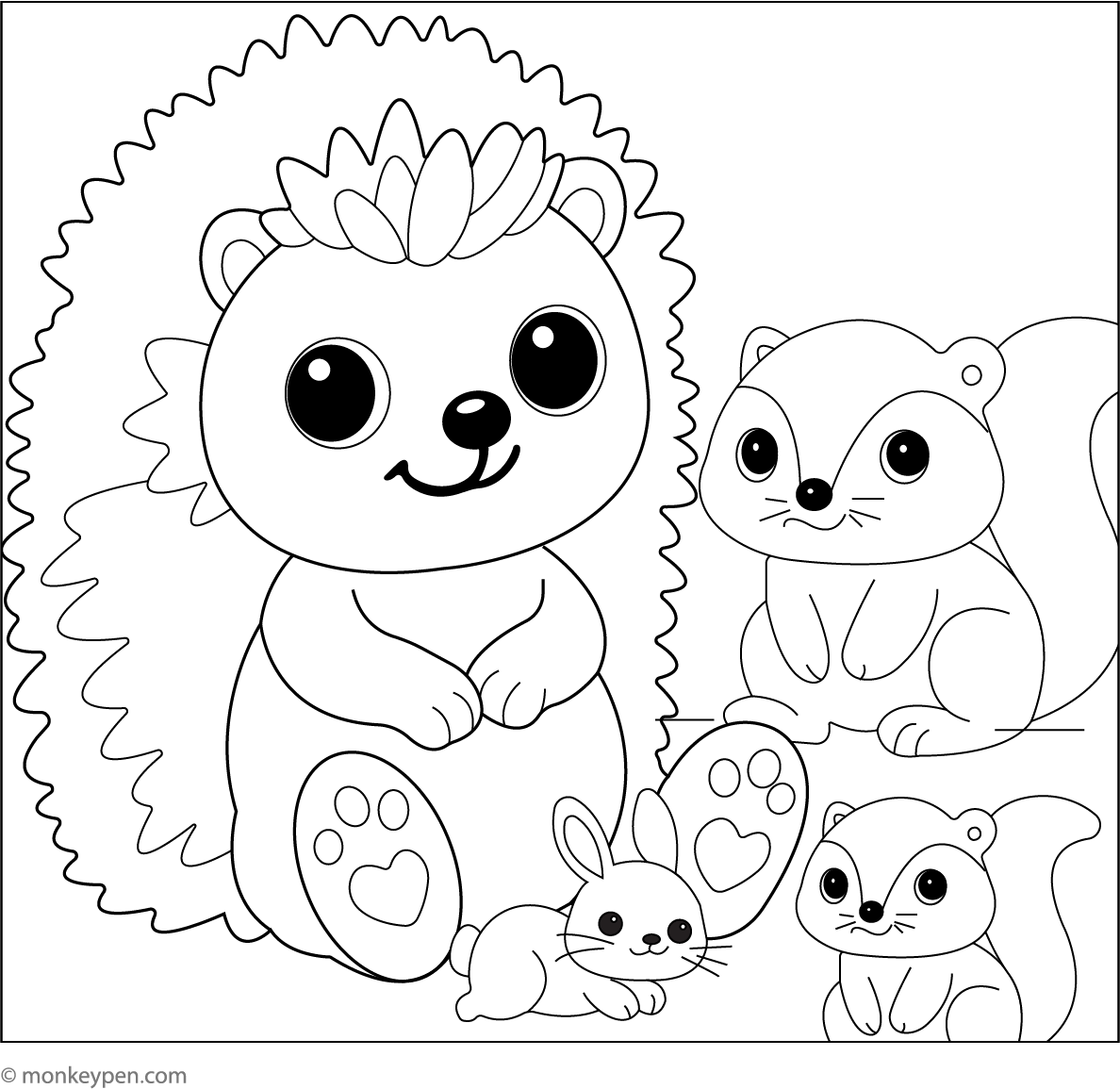 Hedgehog with Forest Friends | Cute Woodland Coloring Page