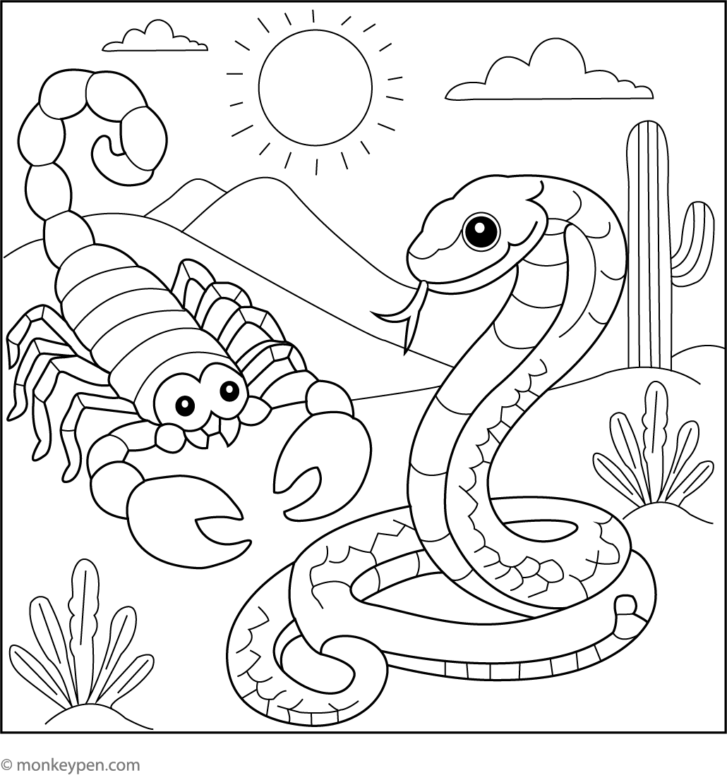 Scorpion and Snake | Free Printable Desert Animal Coloring Page