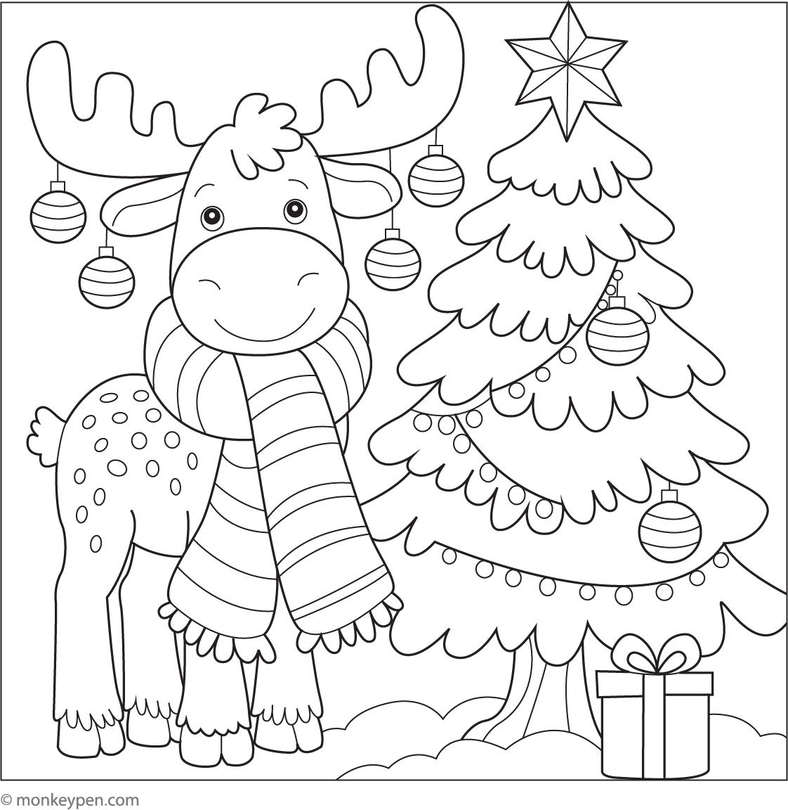 Moose and Christmas Tree | Free Coloring Page Printable PDF